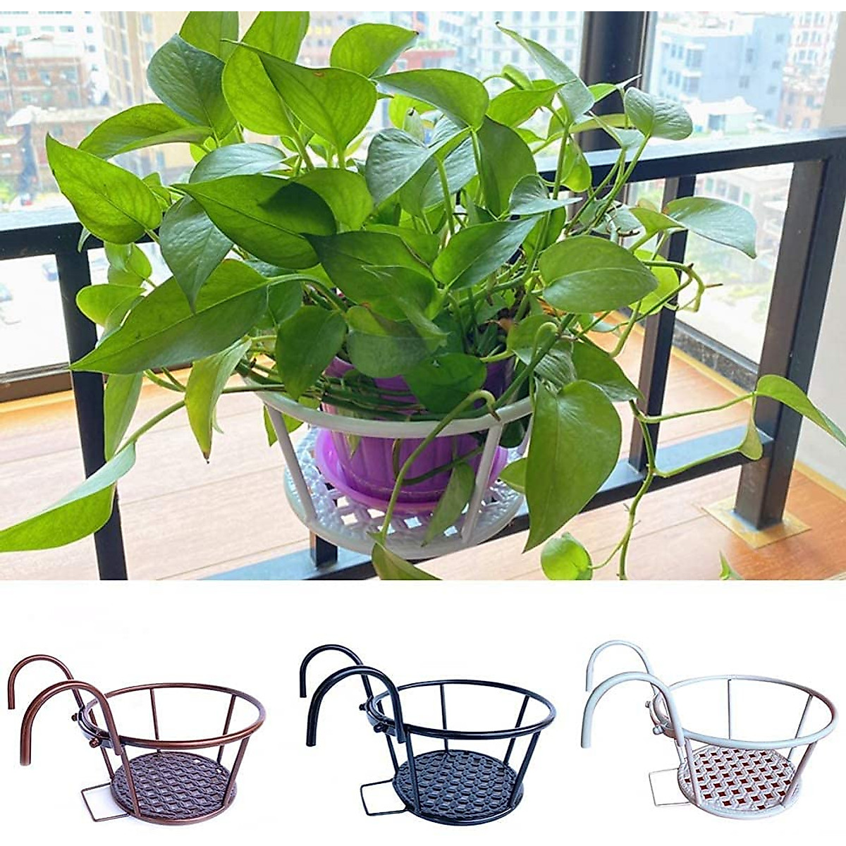 VIXPET Removable Balcony Rail Flower Pot Holder Railing Potted Plant Rack Hanging Flower Pot Shelf Stand-Black