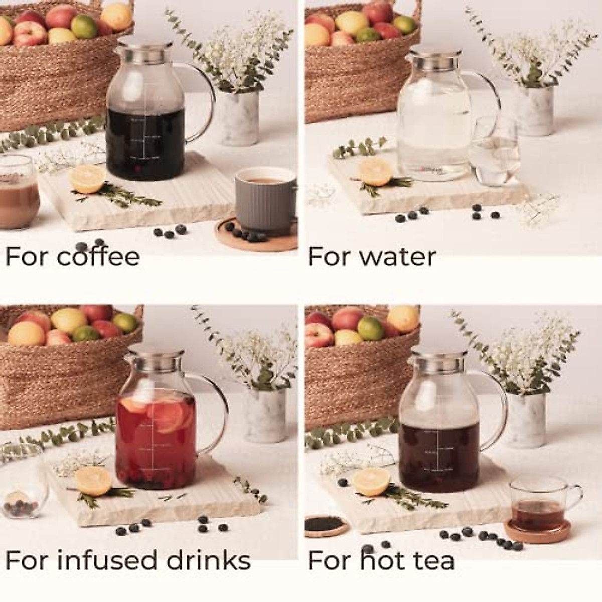 Pykal Glass Water Pitcher with Lid - 68 Oz - Heat Resistant Iced Tea or Coffee Jug with Handle and Lid - Borosilicate Pitchers for Hot or Cold Liquids - w/Free Brush