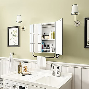 HLR Medicine Cabinet with Mirror, Wall Mounted with Removable Towels Bar and Side Hook, Mirror Cabinet for Bathroom, Living Room, Bedroom