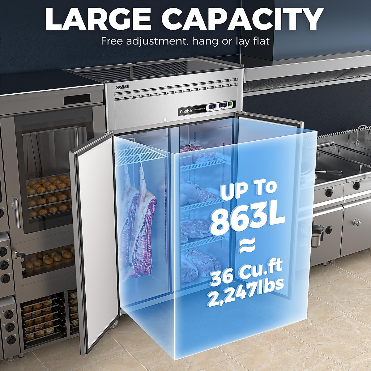 Coolski 48" W Commercial Refrigerator and Freezer Combo, 36 Cu.ft 2 Section Stainless Steel Solid Door Fan Cooling Upright Reach in Freezer for Restaurant Bar Shop Kitchen Garage School Church