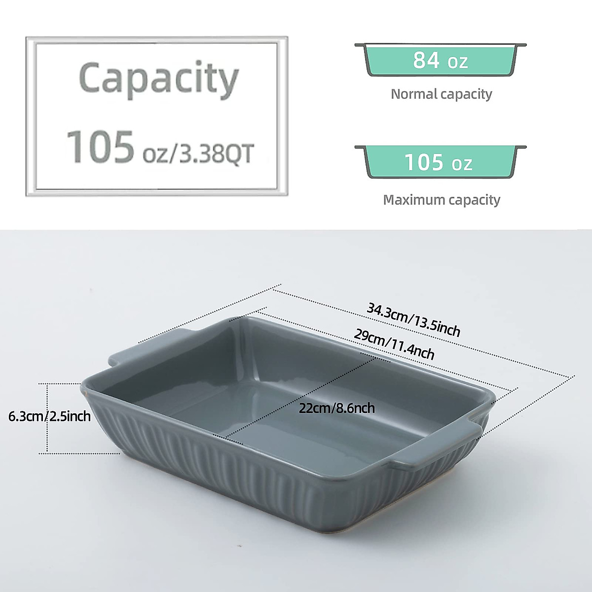 FE Baking Dish, 11"x 8"Rome Pillar Casserole Dish, 3.38 Quart Lasagna Pan with Handles, Ceramic Rectangular Baking Pan for Dinner & Banquet(Red)