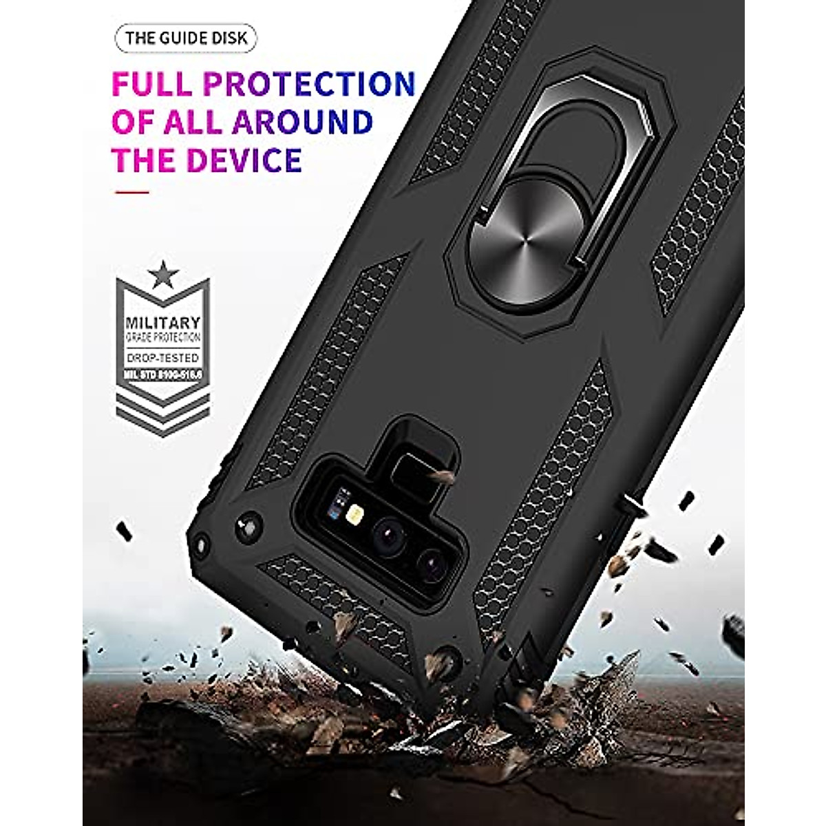 Samsung Note 9 Phone Case, Galaxy Note 9 Case with 3D PET Screen Protector, Androgate Military-Grade Ring Holder Kickstand Car Mount 15ft Drop Tested Shockproof Cover Case for Galaxy Note 9, Black