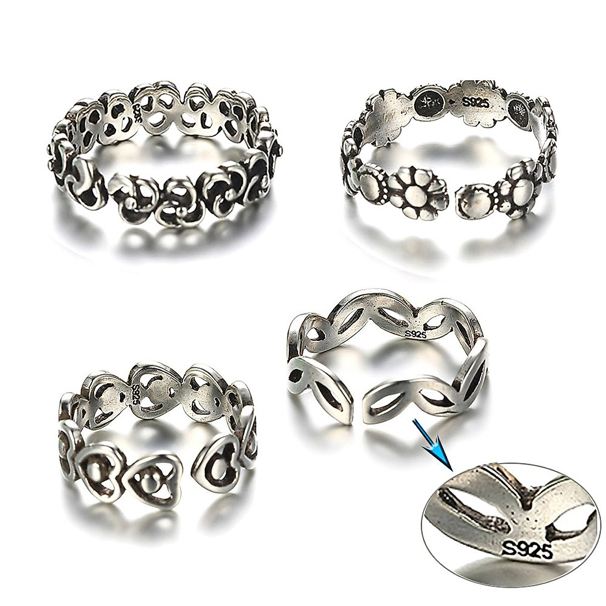 lauhonmin 3pcs S925 Sterling Silver Open Rings Set Finger Ring Joint Ring Toe Ring Beach Jewelry Gifts for Women Adjustable (Style B)