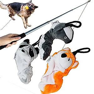Jalousie Collapsible Dog Flirt Pole with Three Squeaky Toys Plush Toys Dog Teaser Wand Chase it Dog Toy with Refills (Dog Flirt Pole w/ Three Toys) - Upgraded Rope