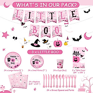 Geyee 173 Pcs Pink Halloween Party Supplies Serves 24 Include Pink Halloween Birthday Tablecloth Pumpkin Ghost Little Boo Banner Pink Halloween Plates Napkins Tableware Set for Halloween Baby Shower