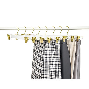 Amber Home 24 Pack 14.17" Solid White Wooden Pant Skirt Hangers with Gold Hook, Bottom Hangers for Slacks Trousers Jeans with 2-Adjustable Gold Clips (White, 24 Pack)