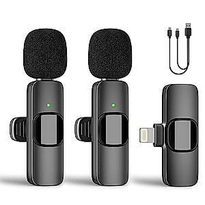 PoP voice 2PCs Wireless Lavalier Microphone for iPhone/iPad Dual Cordless Clip-on Mics Lapel Lav Mic for iPhone Video Recording Omni Condenser Rechargeable Noise Reduction Vlog Interview YouTube 66ft