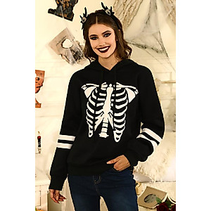 Women Halloween Spooky Graphic Print Pullover Sweatshirts Funny Long Sleeves Hoodie Skeleton S