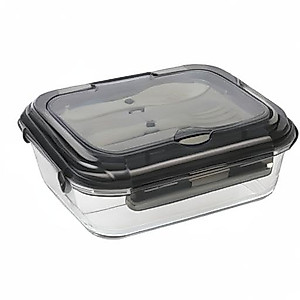 Delight King Lunch-to-Go Glass Baking and Storage Container with Fork and Spoon Compartment Lid, Black