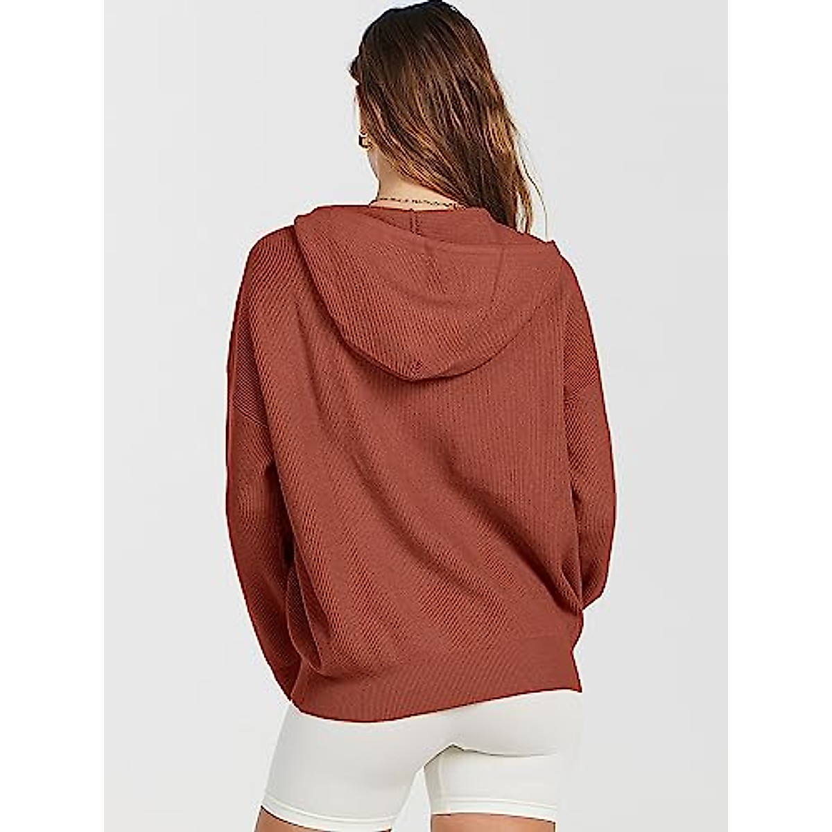 ANRABESS Women's Sweater Hoodies 2023 Fall Oversized Full Zip Up Jackets Long Sleeve Crewneck Sweatshirt Casual Loose Ribbed Knit Pullover Top with Pocket 791xiuhong-L Rust