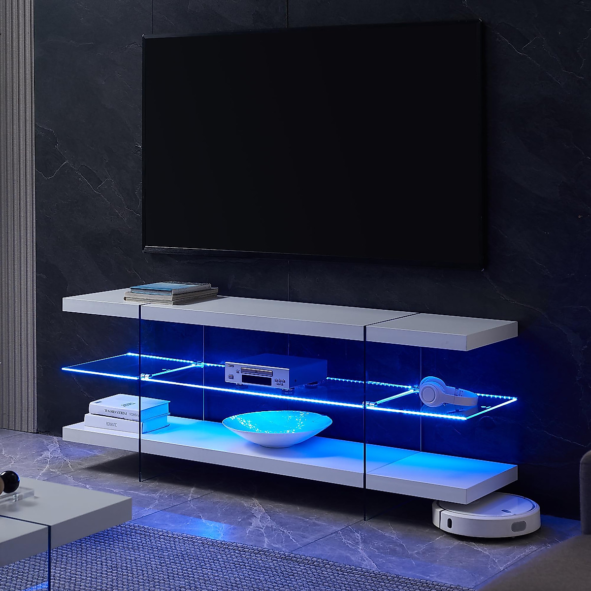 T4TREAM Modern TV Stand for 75 Inch TV, Tempered Glass and Wood Entertainment Center with RGB LED Lights, Media Console Table with Open Storage Shelves for Living Room, Solid White