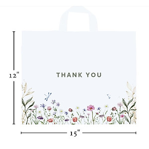 Purple Q Crafts Thank You Bags for Business and Stores 50 Pack 15" W x 12" H Floral Plastic Shopping Bags With Soft Loop Handle