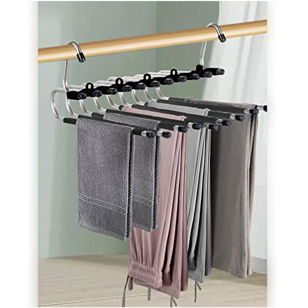 DIFENLUN Trouser Rack,2 Pack,5 Layer Multifunctional Trouser Rack,Space-Saving Stainless Steel,Non-Slip Design,Suitable for Pants Skirt Scarf,Magic Hangers(Black)