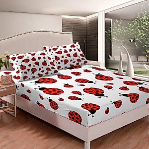 Feelyou Ladybug Bedding Set Cute Bug Pattern Bed Sheet Set for Boys Girls Entomology Fitted Sheet Kids Toddler Twin Size Includes 1 Sheets & 1 Pillowcase (No Flat Sheet)