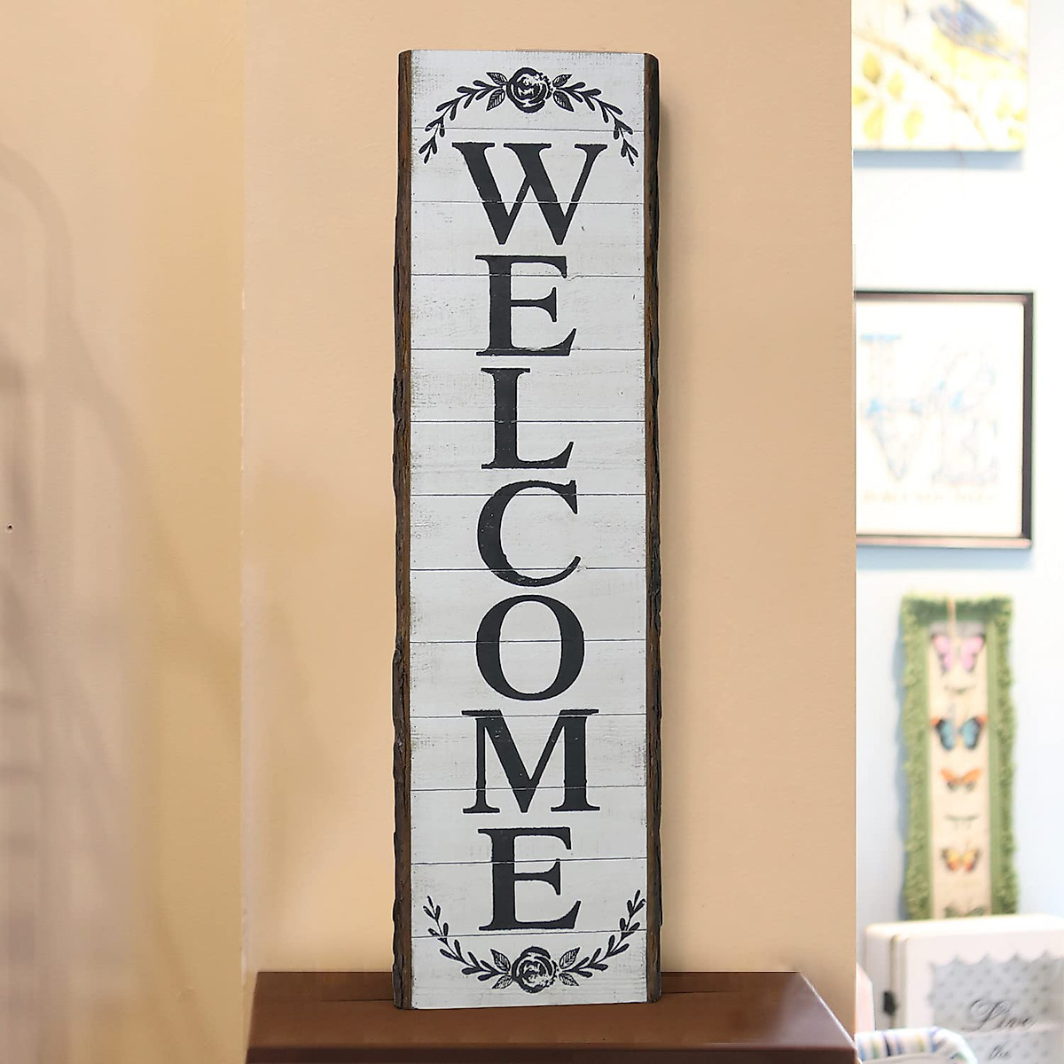 NIKKY HOME Large Vertical Welcome Word Sign for Porch Front Door Entryway Rustic Wooden Plaque Wall Hanging Decor, 46.5 x 12.5 Inch