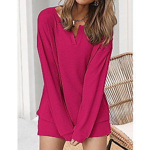 Ekouaer Lounge Sets for Women Waffle Knit Pajama Set Long Sleeve Top and Shorts Matching Loungewear S-XXL Rose