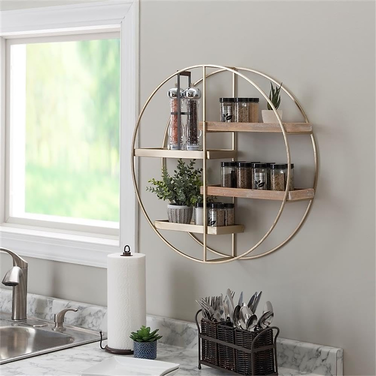 Linon Kenson Round Metal and Greywashed Wood Four Shelf Wall Storage in Gold
