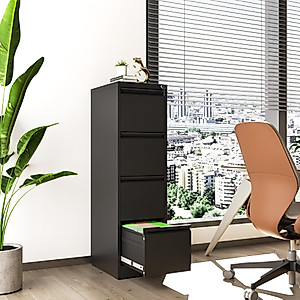VIYET 4 Drawer File Cabinet, Metal Vertical File Cabinets with Lock for Home Office, Heavy Duty Office Steel Filing Cabinet for Hanging Files for A4/ Legal/Letter,Assembly Required (Black)
