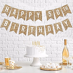 Pre-Strung Happy 50th Birthday Banner - NO DIY - Gold Glitter 50th Birthday Party Banner - Pre-Strung Garland on 6 ft Strands - Gold Birthday Party Decorations & Decor. Did we mention no DIY?