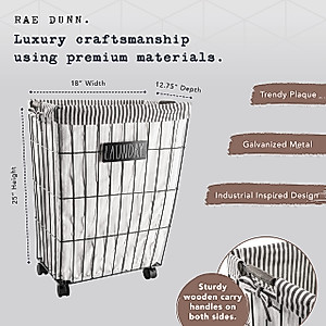 Rae Dunn Heavy Duty Laundry Hamper on Wheels - Black Metal Wire Basket with Liner - Portable Laundry Basket with Removable, Washable Cloth Liner - Laundry Room Accessories