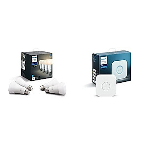 Philips Hue 476977 A19 Smart Light Bulb, 4 Pack, White, 4 Count & Bridge Smart Lighting Hub (Compatible with Amazon Alexa, Apple HomeKit and Google Assistant) - White