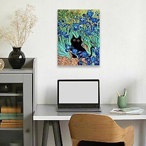 Van Gogh Irises Canvas Wall Art Black Cat Poster Gustav Klimt Garden Flower Paintings Floral Print for Farmhouse Gallery Aesthetic Home Room Decor 18x24 inch