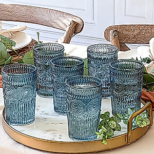 Kate Aspen Textured Striped Blue Drinking Glasses Set of 6-13 oz Vintage Glassware Set Cocktail Glass Set, Juice Glass, Water Cups | Hostess Gift, Present for Newlyweds or New Home Owners