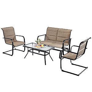 Tangkula 4 Pieces Outdoor Furniture Set, Patio Conversation Set with Coffee Table, 2-Person Swing Glider Loveseat and 2 Spring Motion Dining Chairs, Sectional Sofa Set with Cotton Padded (Brown)