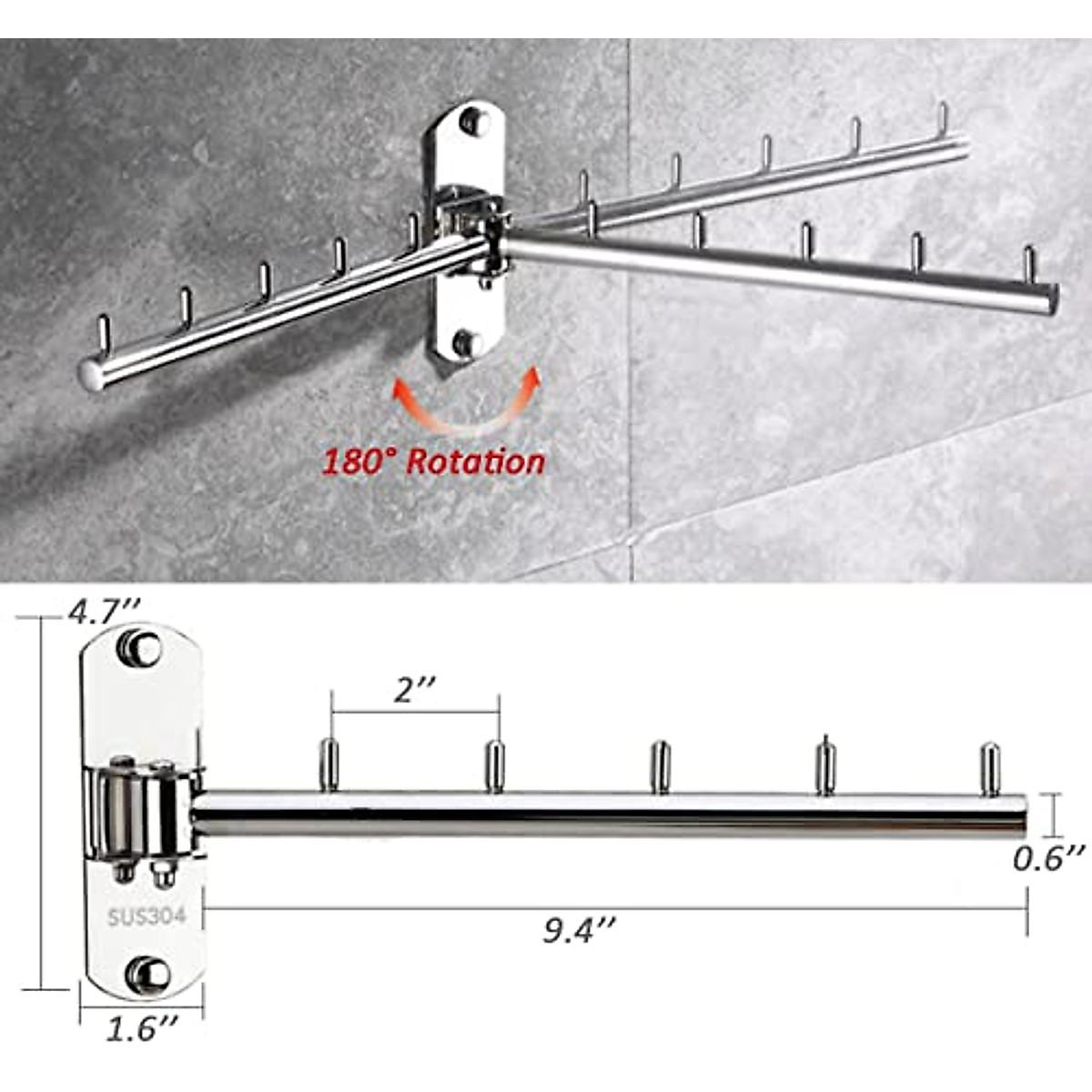Clothes Hanger Rack Swing Arm, Folding Clothes Hanger Wall Mounted Space Saving Drying Rack, Stainless Steel 304 Laundry Room Valet Hook Holder, Foldable Hanging Hook Rod (Silver)