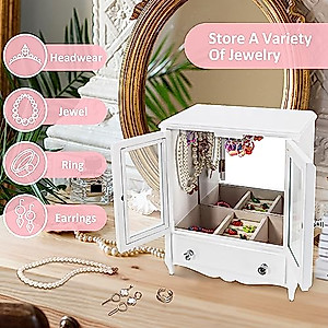 TIMLOG Jewelry Box with Makeup Mirror Wardrobe Style, Wooden Jewelry Box for Girls, Solid Jewelry Organizer, Wood Jewelry Case with Mirror for Necklaces, Earring, Rings, White