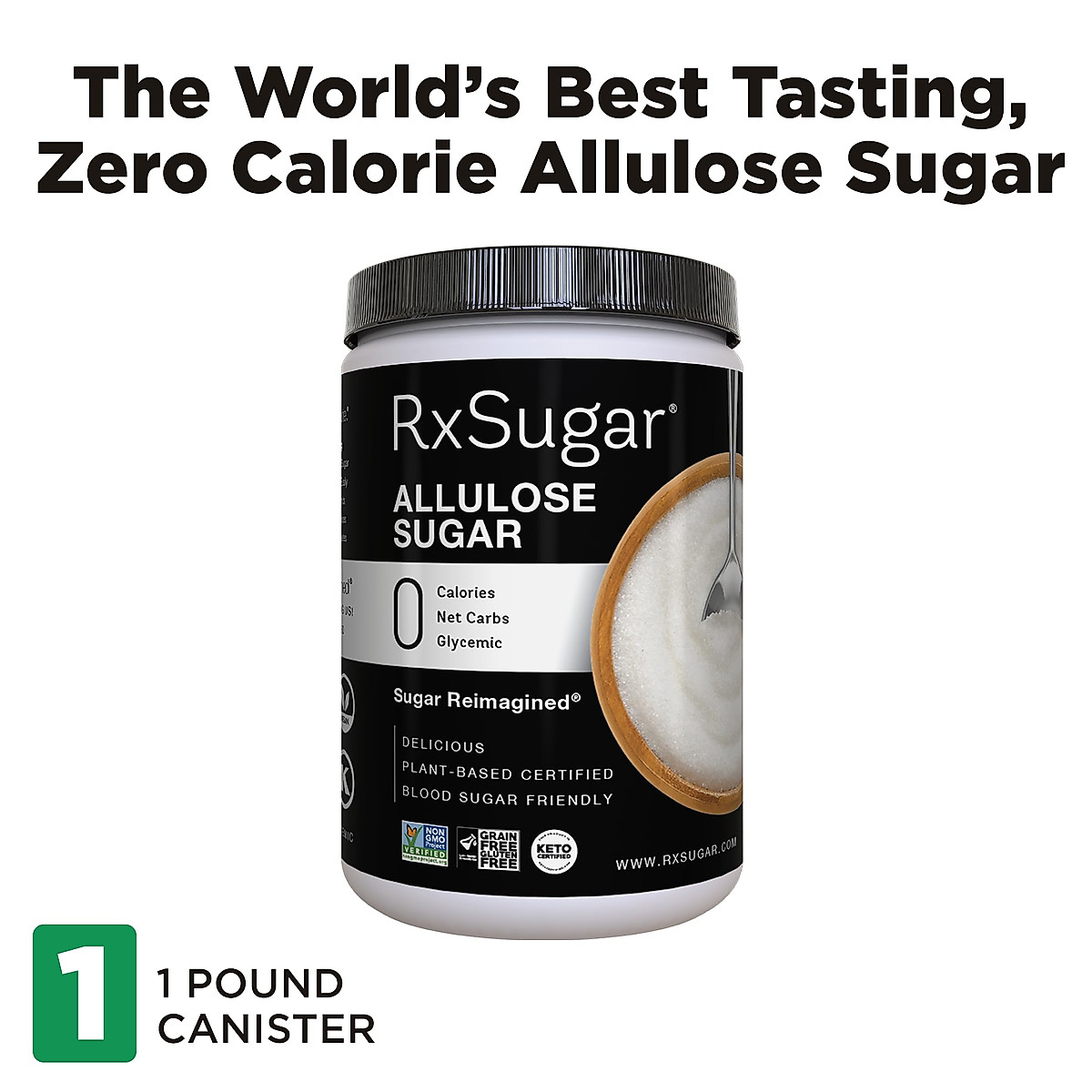 RxSugar Delicious Plant-Based Crystal Sugar, Allulose, 16 oz | Allulose sweetener | 0 Calorie, 0 Net Carbs, 0 Glycemic | Diabetes-Safe Natural Sugar | Keto Certified | Non-GMO Project Verified | Gluten-Free Certified