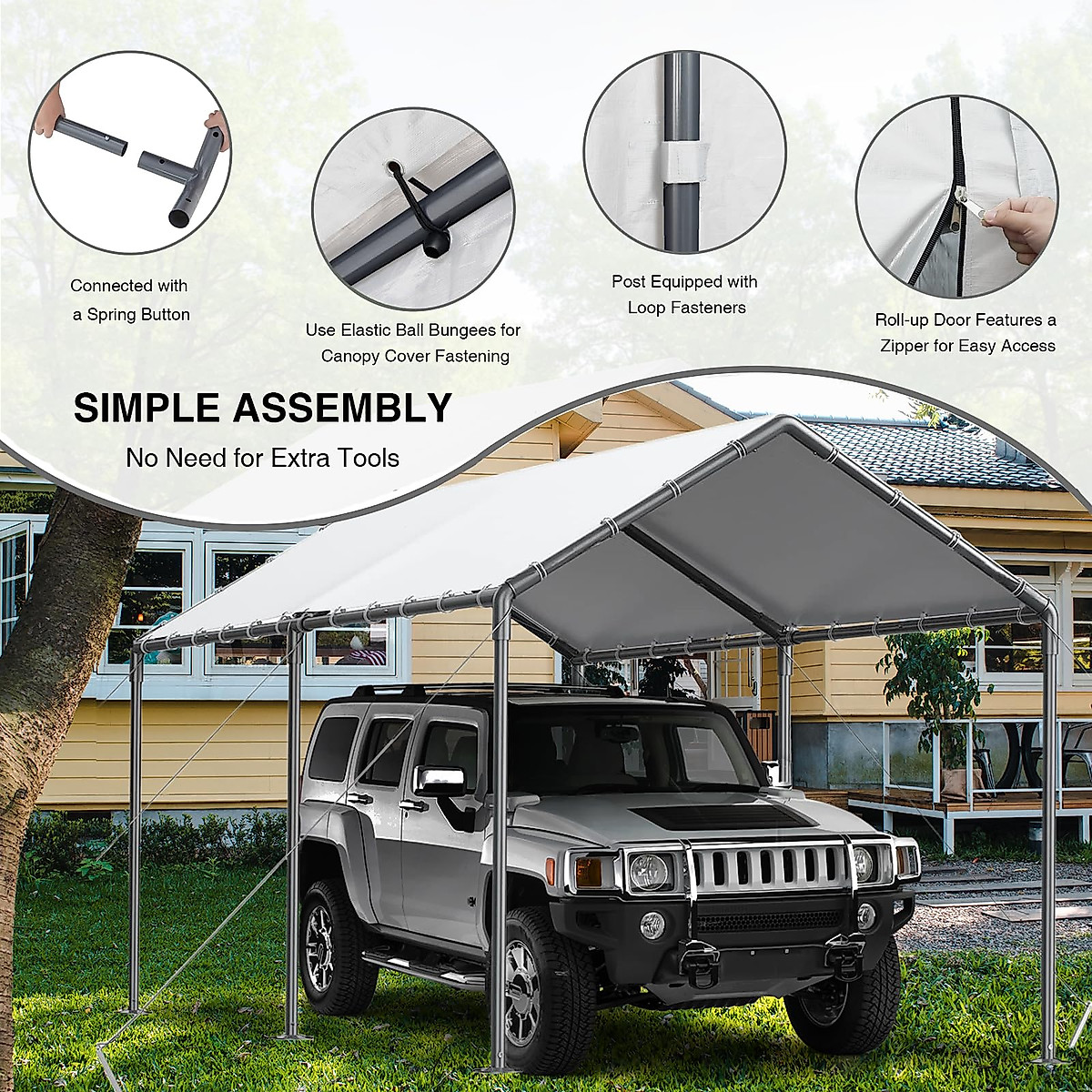 Outdoor Carport 10x20ft Heavy Duty Car Tent, Portable Garage Canopy Storage Shed, Car Shelter, All-Season Tarp for Car and Boat D White