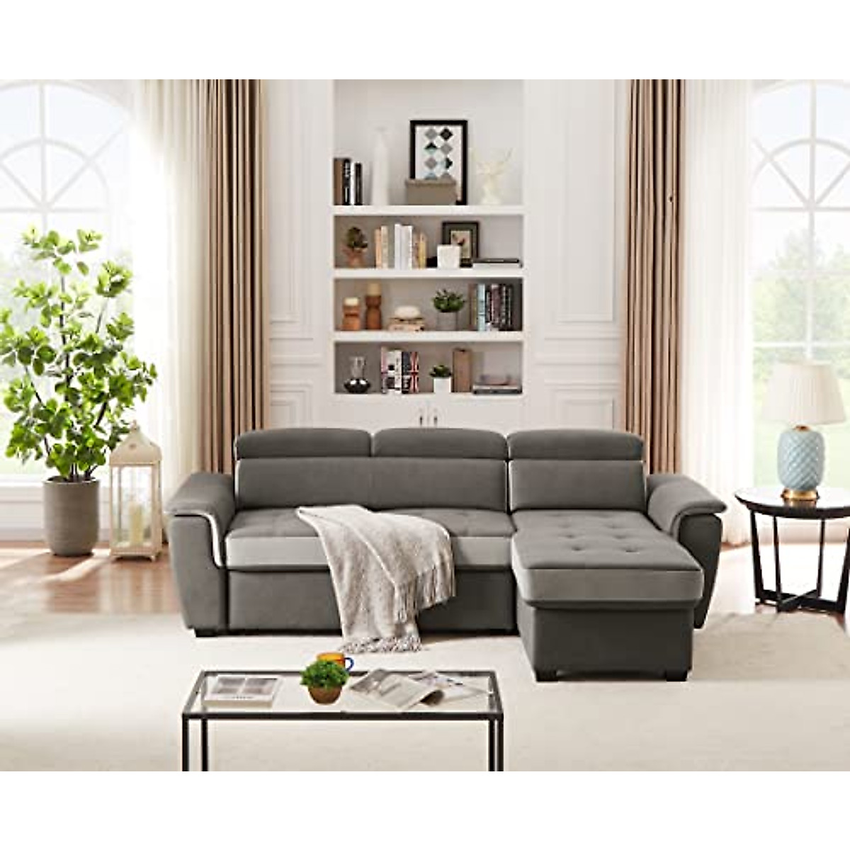 Pull-Out Sleeper Sofa, Faux Leather Sectional Sofa Bed, Modern Tufted L Shaped Conversible Sleeper Couch with Storage Chaise for Living Room