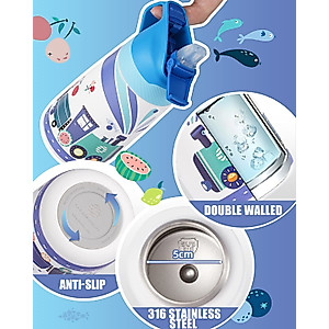 FEIJIAN Kids Insulated Water Bottle With Straw Lid 12oz, Leak-Proof BPA-FREE Metal Drink Flask, Double Wall Vacuum Stainless Steel Reusable Tumbler For Toddlers, Girls, Boys-Suitable For School