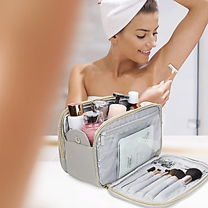 BOOMRICH Large Travel Makeup Bag, Cosmetic Bag, Toiletry Bag for Women, Water-Resistant Leather Toiletry Organizer, Dopp Kit for Toiletries Accessories, Blue Grey