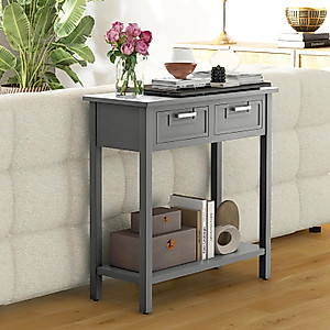 Giantex Console Table with Drawers, Entry Table, Narrow Sofa Table with Open Storage Shelf, Wood Legs, Foyer Table, Entryway Table for Office, Living Room, Hallway, Couch Table(Gray)