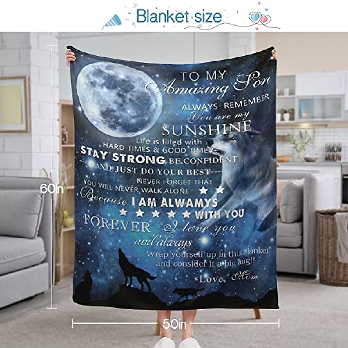 Son Gifts Blanket from Mom, to My Amazing Son Blanket 50" x 60" Birthday Gifts for Son, Ultra-Soft Fleece Moon Wolf Throw Blanket for Son Couch Sofa Travel, Best Graduation Gift Ideas