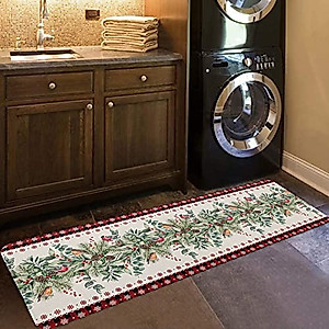 Kitchen Mat Rug 1 PCS Christmas Bird Poinsettia Pine Cone Red Plaid Linen Runner Rug Anti-Fatigue Comfort Memory Foam Standing Mat Non-Slip Floor Door Mat for Bathroom Bedroom 24x71in