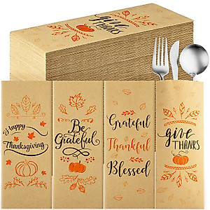Sliner 200 Pcs Thanksgiving Cutlery Holders Thanksgiving Kraft Paper Silverware Bags Utensil Holders for DIY Thanksgiving Party Decorations Autumn Fall Harvest Party Favor Supply Table Decoration