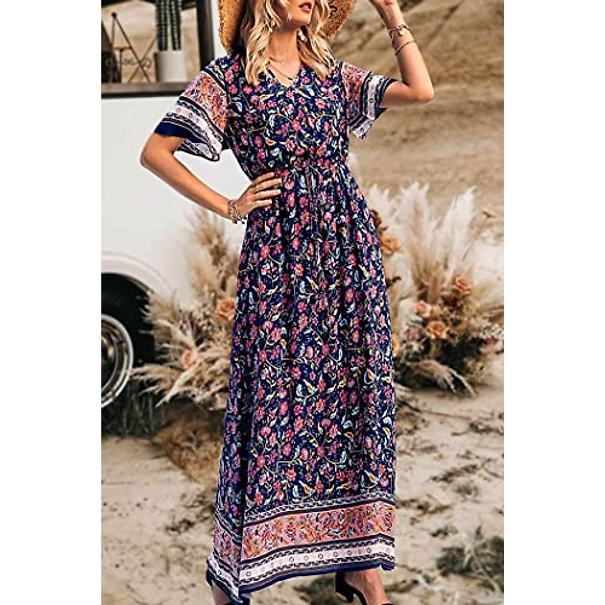 PRETTYGARDEN Women's Casual Summer Boho Floral Print Dress V Neck Short Sleeve High Waist Long Maxi Beach Dresses (Navy,Medium)