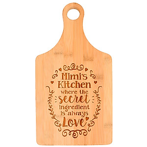 Mimi Presents Mimi's Kitchen Where the Secret Ingredient Is Love Paddle Shaped Bamboo Cutting Board