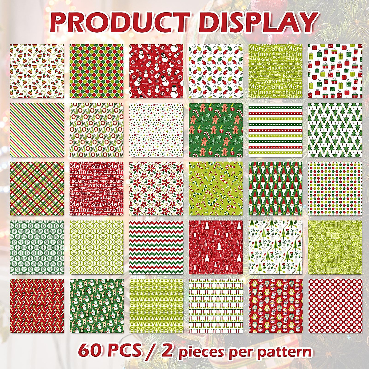 JarThenaAMCS 60Pcs Christmas Cotton Fabric Bundles 10 x 10 Inch Xmas Tree Snowflake Santa Gingerbread Fat Quarters Red Green White Sewing Fabrics for Xmas Winter DIY Craft Party Decor
