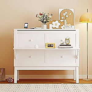 WADRI Modern Full Size Murphy Bed with USB Port and Removable Shelves on Each Side, Wood Mobile Murphy Chest Bed, Muti-Functional Cabinet Bed for Kids Teens Adult (White+Full-60)
