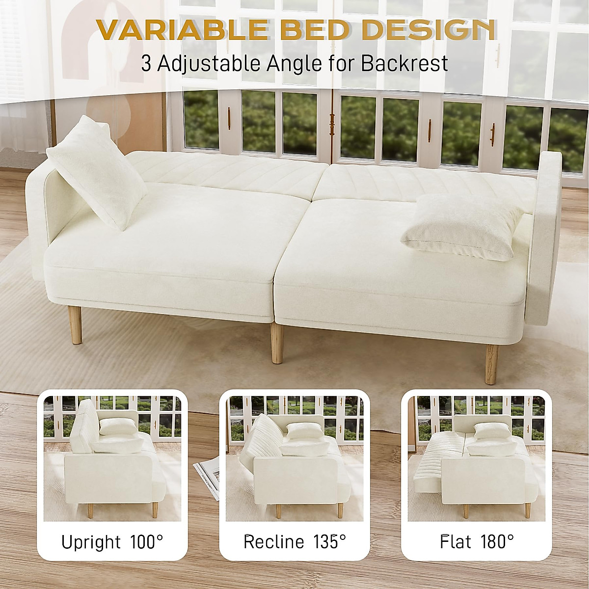 OUYESSIR Futon Sofa Bed, 75.3", Couch, Small Sofa, Sleeper Sofa, Loveseat, Mid Century Modern Velvet Futon Couch with 2 Pillows for Living Room (Beige White Velvet, Futon)