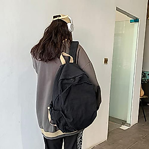 Kaupuar Minimalist Aesthetic Canvas Backpack Simple School Daypack for Adults and Teens (Black)