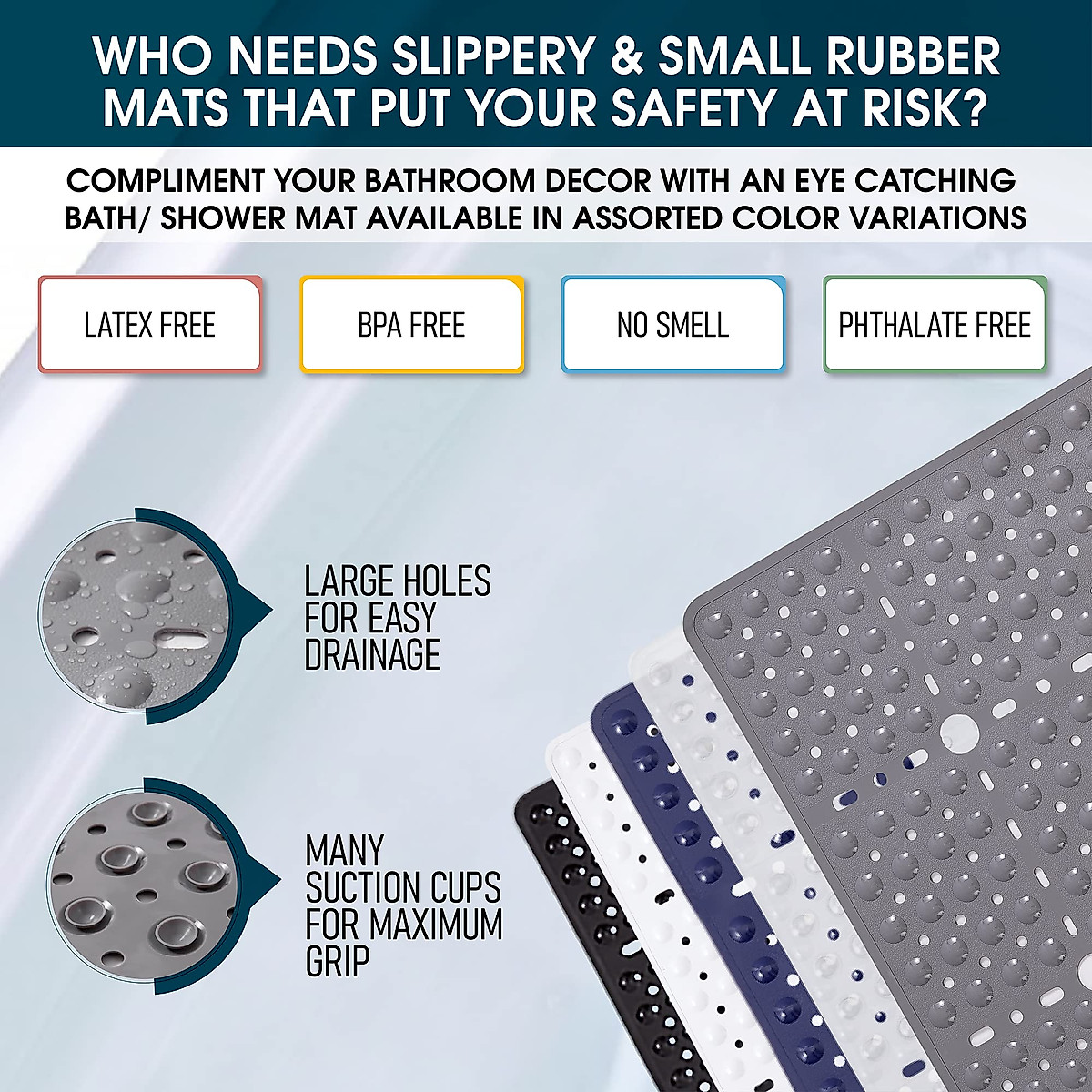 ENKOSI Large Square Shower Mat Non Slip - Stand Up Shower Mat - Shower Mats for Showers Anti Slip - Shower Non Slip Stall Mat - Shower Mat Non Slip Large - Shower Safety Grip Mat (Charcoal 27x27)