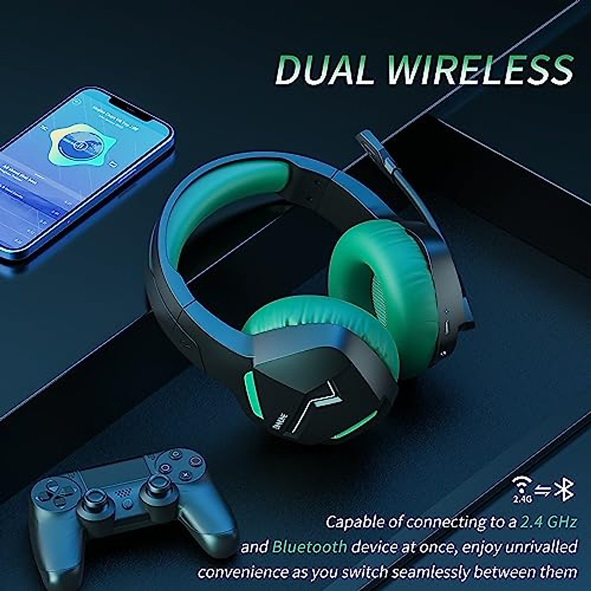 BINNUNE Wireless Gaming Headset with Microphone for PC PS5 PS4, 2.4GHz Low Latency, Bluetooth 5.0 USB Gamer Headphones with Mic for Laptop Computer