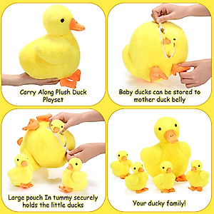 Zomiboo 5 Pieces Duck Stuffed Animals Includes Big Stuff Mommy Duck with 4 Little Baby Duck Plush Toys Soft Duck Family Plush Set with Zipper Pouch for Toddlers Boys Girls (Yellow Duck)