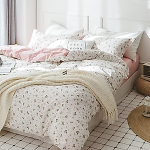 VClife Queen Cotton Duvet Cover Pink White Floral Bedding Sets, Vintage Style Flower Branches Pattern Duvet Covers with Zipper Closure- 1 Duvet Cover and 2 Pillow Covers, Breathable Lightweight