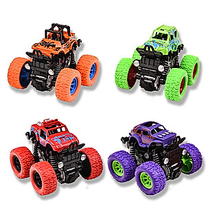 Monster Trucks for Boys, 4 Pack Pull Back Vehicles Cars for Toddlers, 360° Rotation 4 Wheels Drive Durable Friction Cars Powered Push and Go Toys Truck Playset Gift for 3 4 5 6 7 8 Year Old Kids Girls